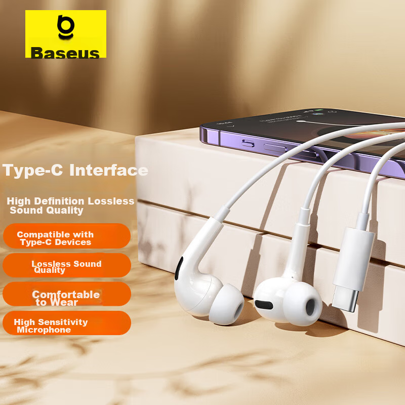Baseus Wired Earphones Type-C In-Ear for Apple IPhone 15, Huawei Mate 60, P50, 60, OnePlus, OPPO, Zhenmei, IQOO Phones, Laptops, Gaming Headset with Microphone