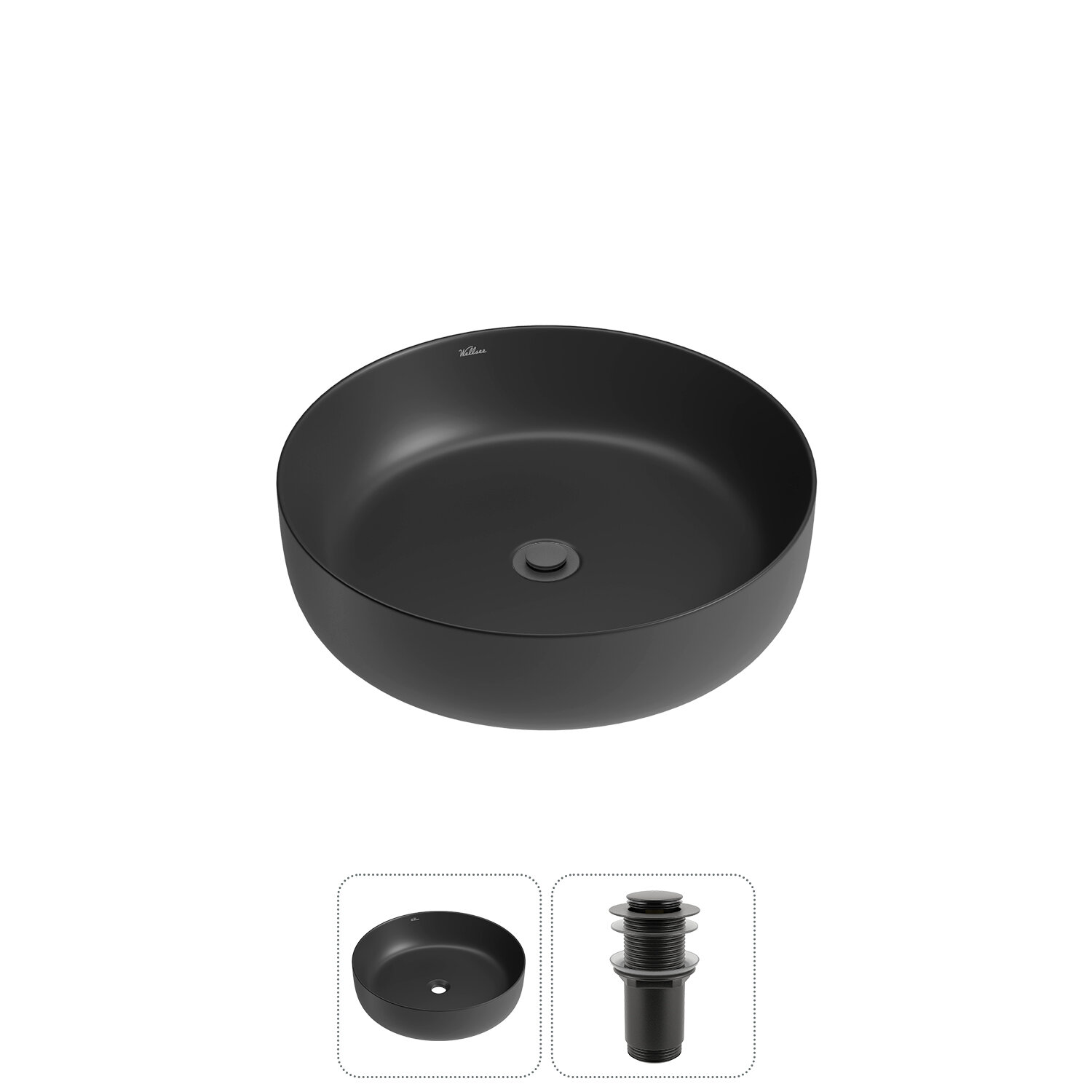 Накладная раковина в ванную комнату Wellsee Belle Spa 3.0 20212650R в наборе 2 в 1: раковина 45 см в цвете матовый черный, донный клапан в цвете матовый черный