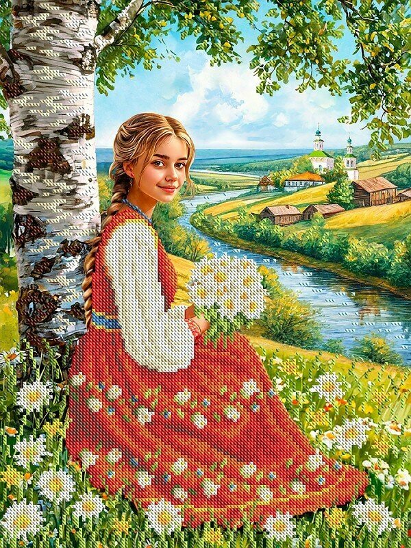 Ткань с рисунком для вышивания бисером Каролинка #ТКБЛ 3069 Родная страна. Поволжье, Вышивка бисером, 27 х 36 см (Бисер в комплект не входит.)