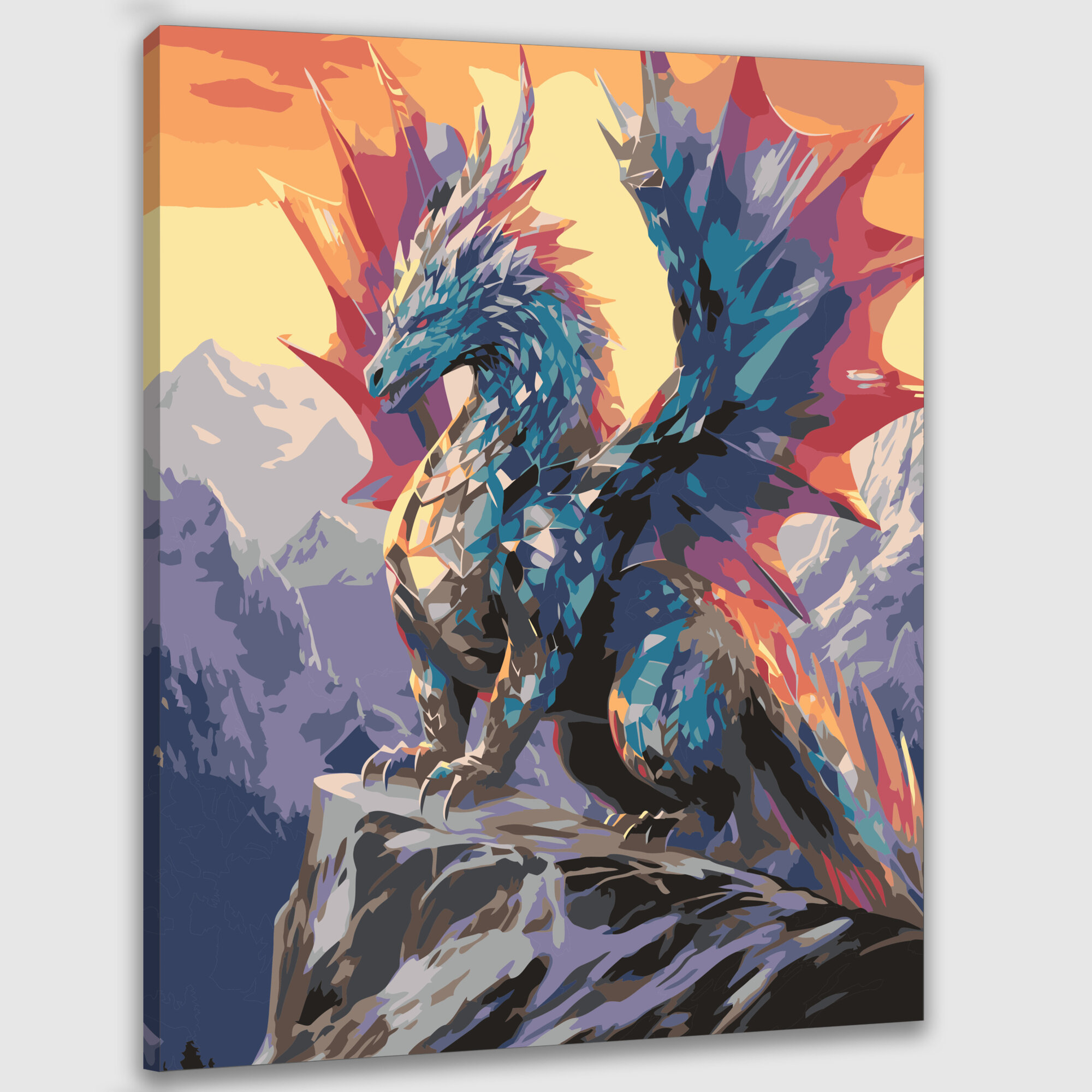 Картина по номерам 40x50 см, дракон, хрустальная гора, радужная чешуя, крылья, узоры, цвета, драгоценные камни, сияние