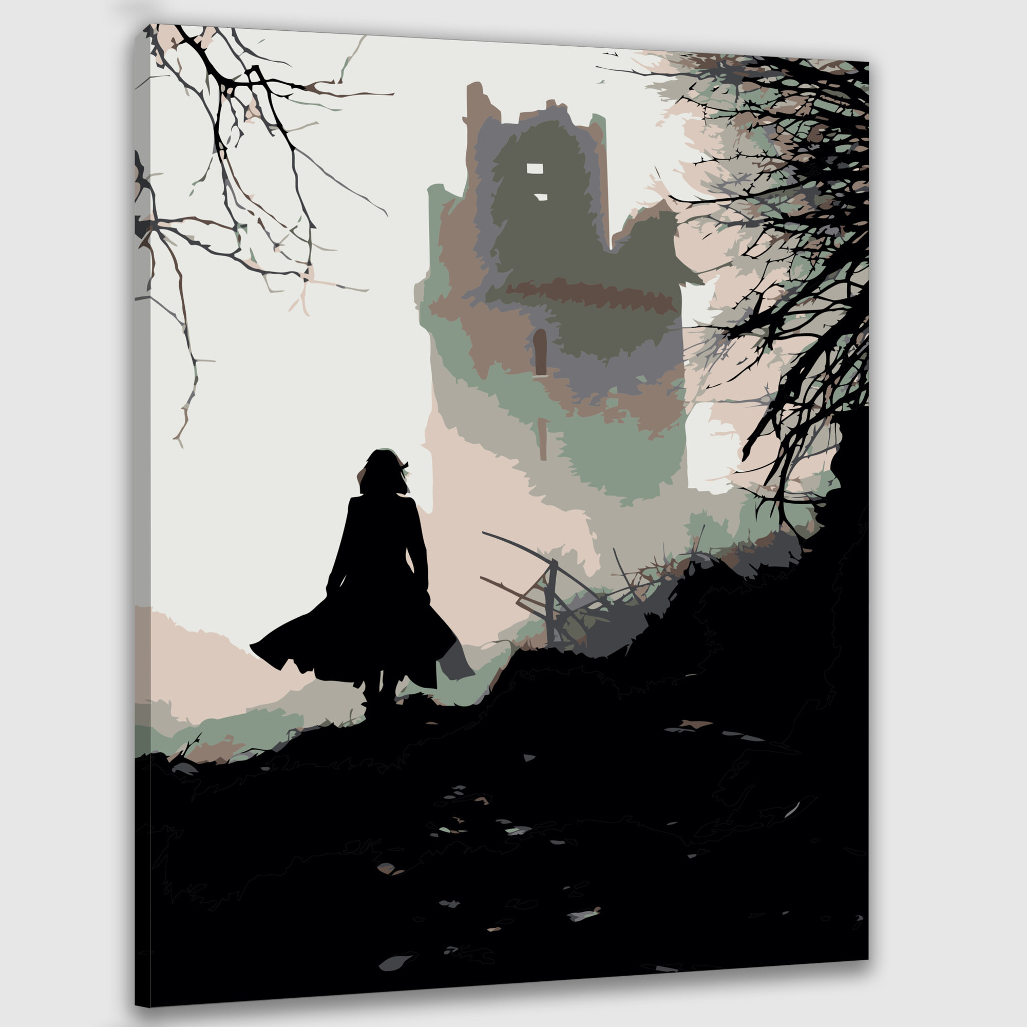 Картина по номерам 40x50 см, черно-белая фотография, ведьма, холм, разрушающийся замок, плащ, драматизм, таинственность