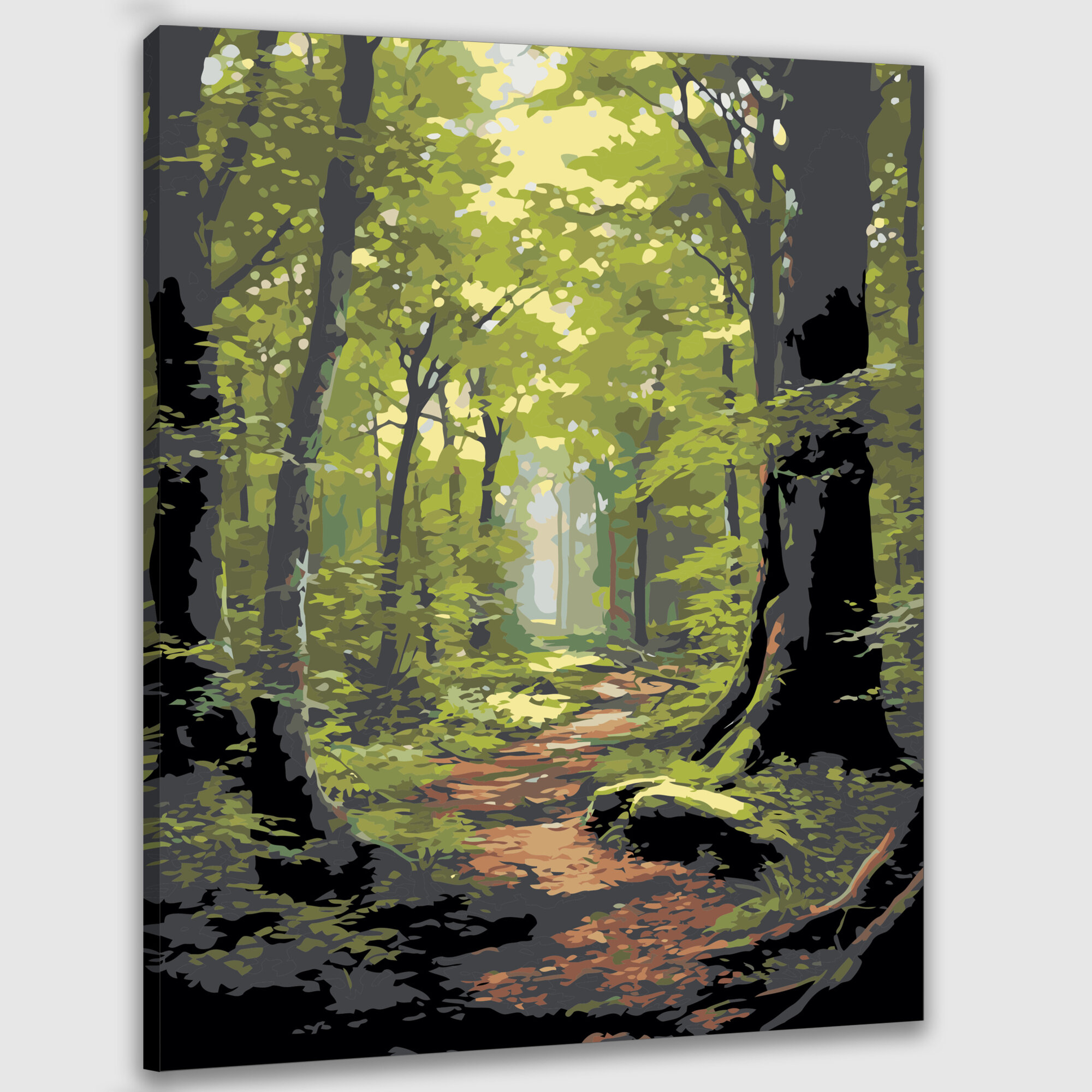 Картина по номерам 40x50 см, картина, масло, лесная поляна, солнечный свет, зеленые деревья, яркие цвета