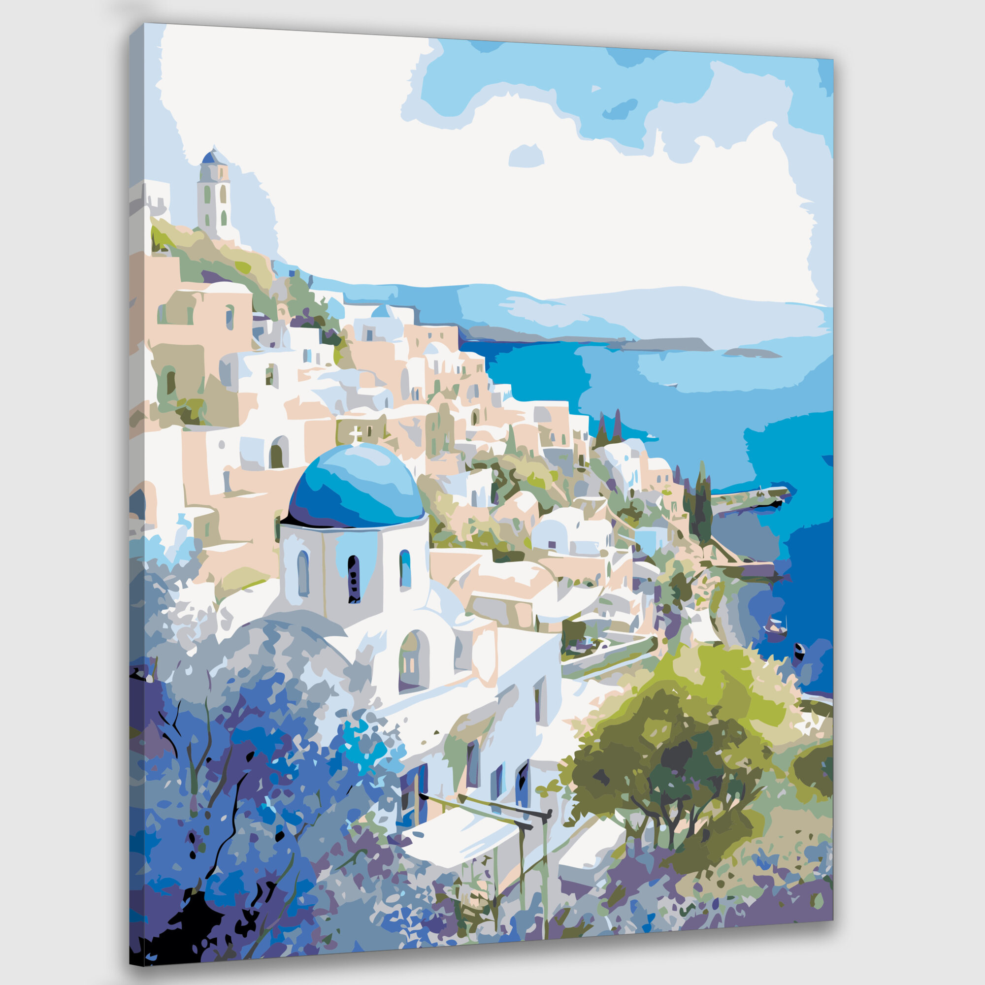 Картина по номерам 40x50 см, акварельная картина, Греция, остров, церкви с голубыми куполам, узкие извилистые улочки