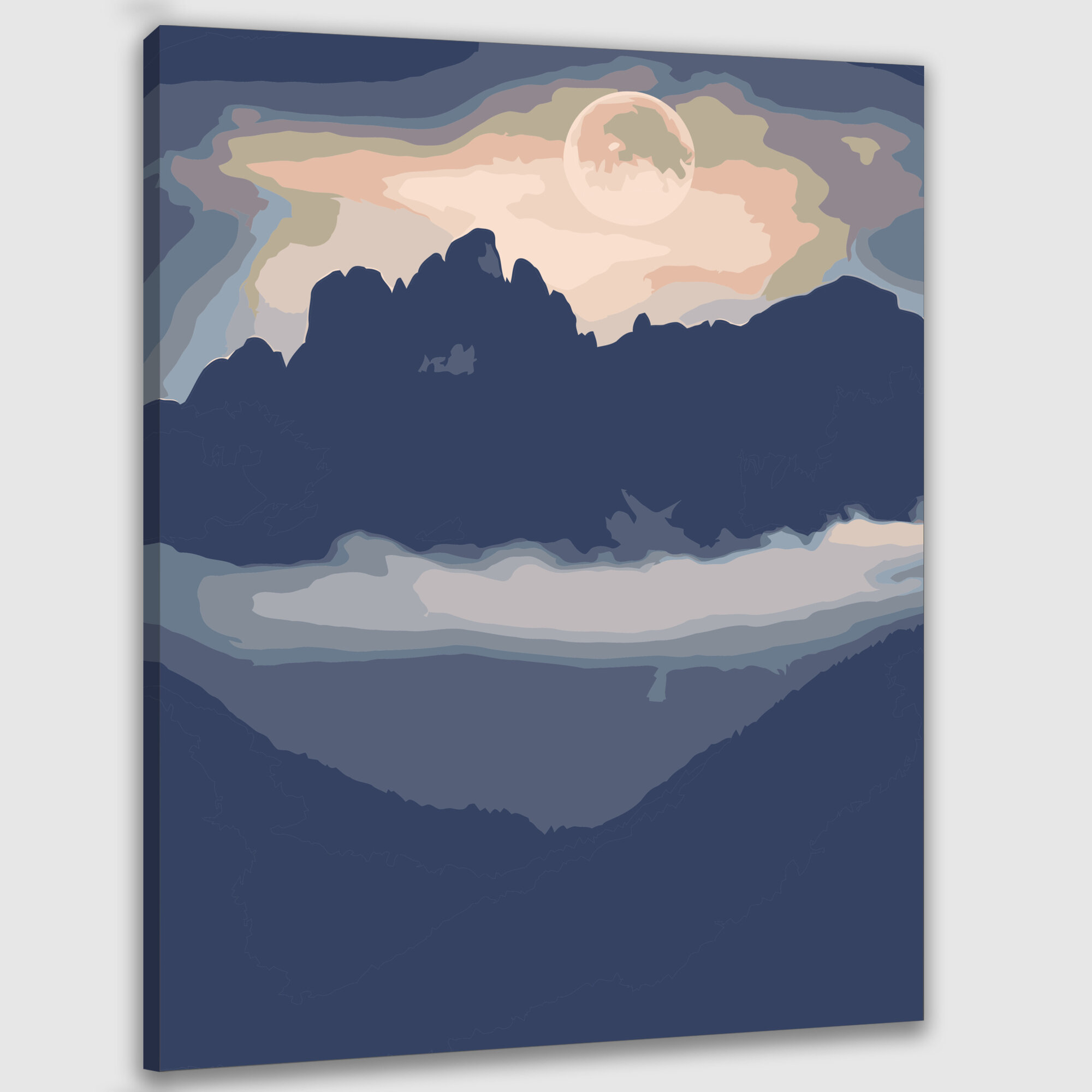 Картина по номерам 40x50 см, фотография, луна, горный хребет, туман, силуэт, сумеречное небо, сияние, темнота