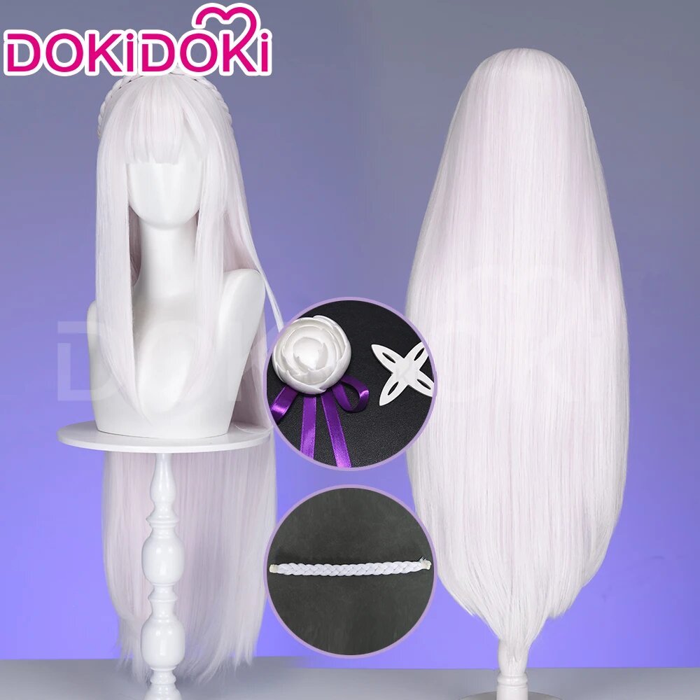 Emiliaa Косплей парик DokiDoki белые длинные волосы 90 см Wig With Headdress