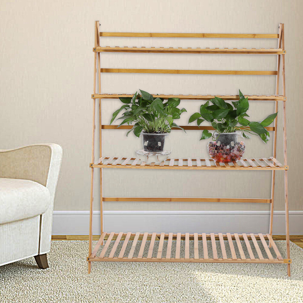4 Tiers 3.3ft Width Plant Rack Thickened Solid Support Alpine Bamboo Foldable Stand - Log — фото 1
