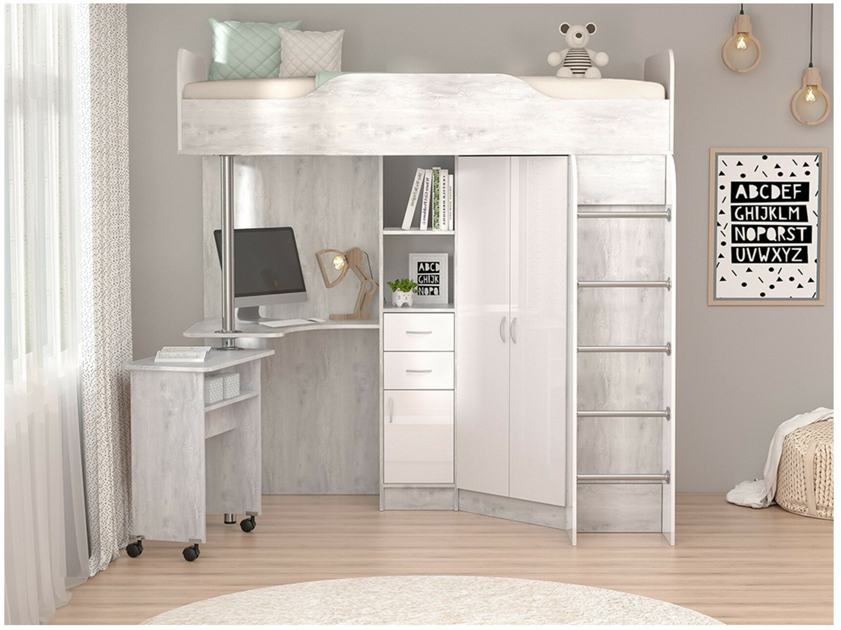 Кровать-чердак 80х190, без матраса, (Бетон Светлый / Белый Глянец)