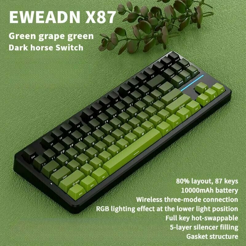 EWEADN Игровая клавиатура беспроводная X87 Pro, (Dark Horse Switch), Английская раскладка, черный, светло-зеленый