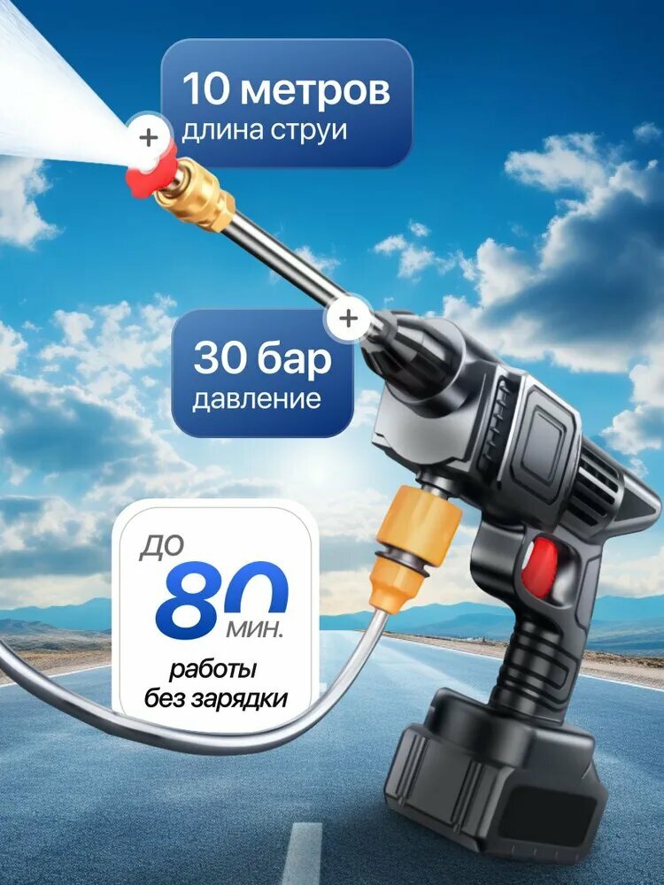 Аккумуляторная мойка высокого давления для автомобиля в кейсе / Портативная Минимойка с пистолетом и пенообразователем для дачи беспроводная с двумя батареями / Автомойка, 2 аккумулятора, Кейс