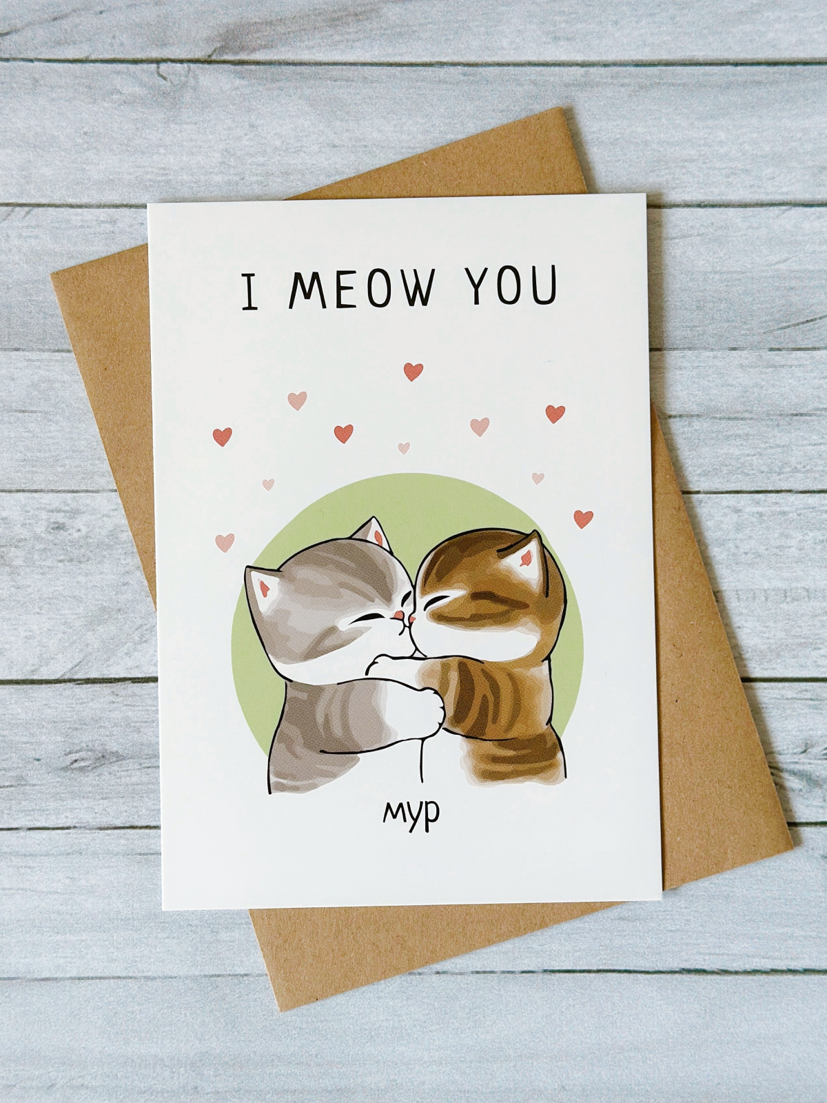 Открытка I MEOW YOU, с котиками, библиотека, крафтовый конверт, 10,5x14,8 см
