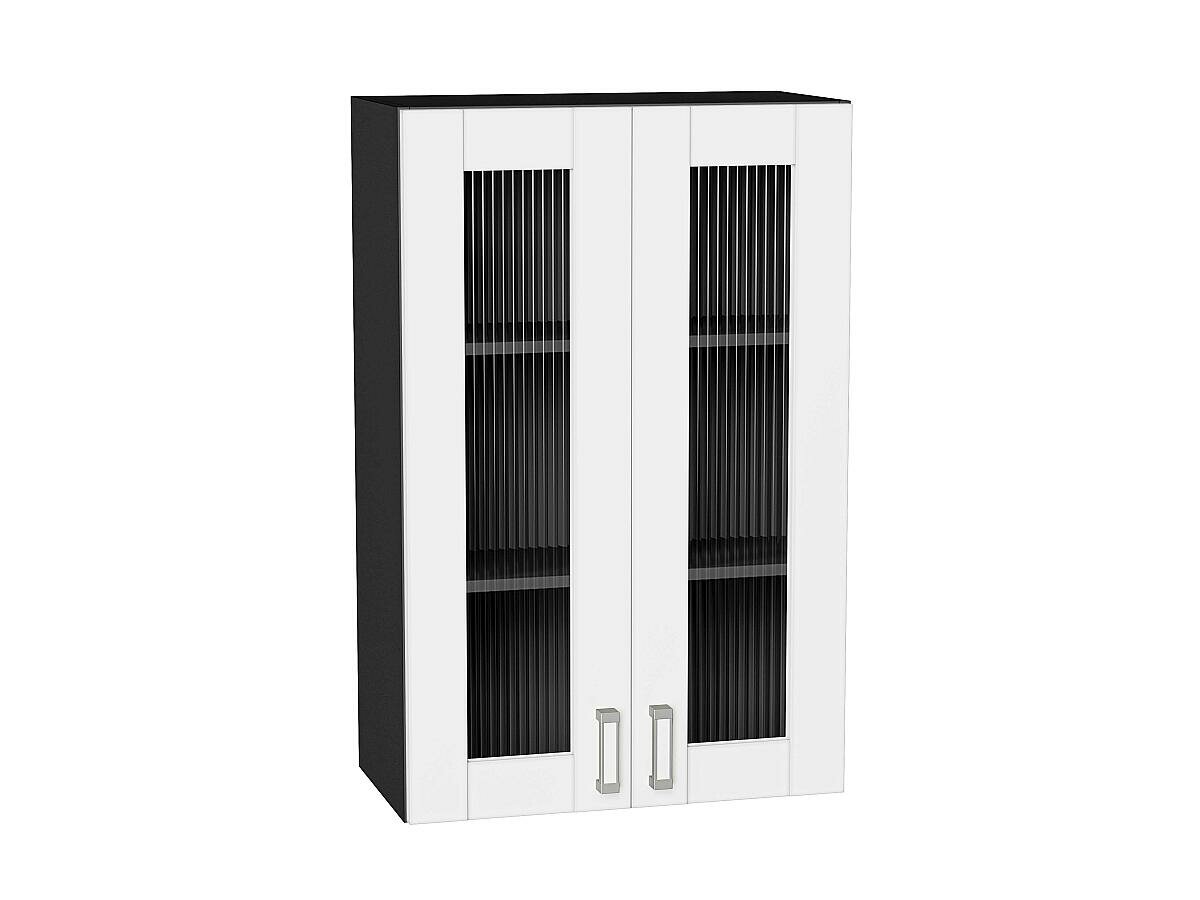 Шкаф верхний с 2-мя остекленными дверцами Лофт, цвет фасада White Silk, цвет каркаса Graphite, стекло Magic Moru V, 920*600*320 мм