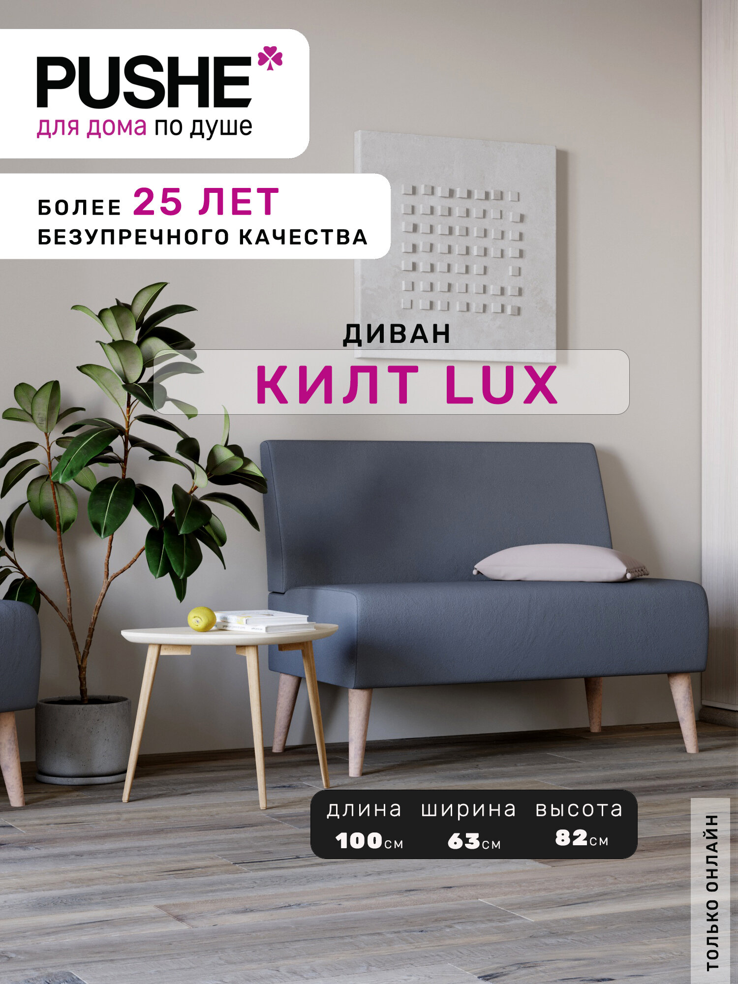 Прямой диван PUSHE Килт Lux без подлокотников, нераскладной, для кухни, прихожей, балкона, детской, серый Balance 996