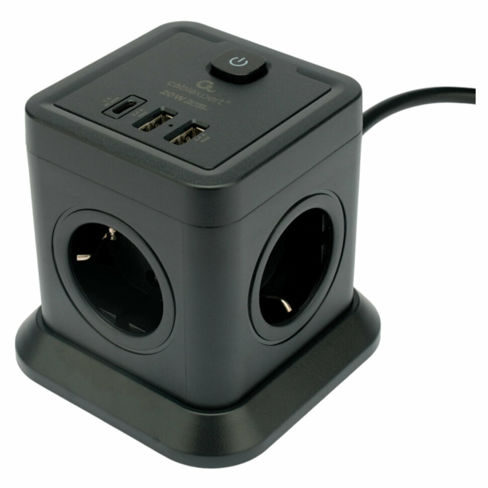 Сетевой фильтр CABLEXPERT Tower, 4 розетки, 10 А, 1 x Type-C PD, 20 Вт, 2 х USB, 2 м, черный, TWR-4-CU2-B-2, 514301