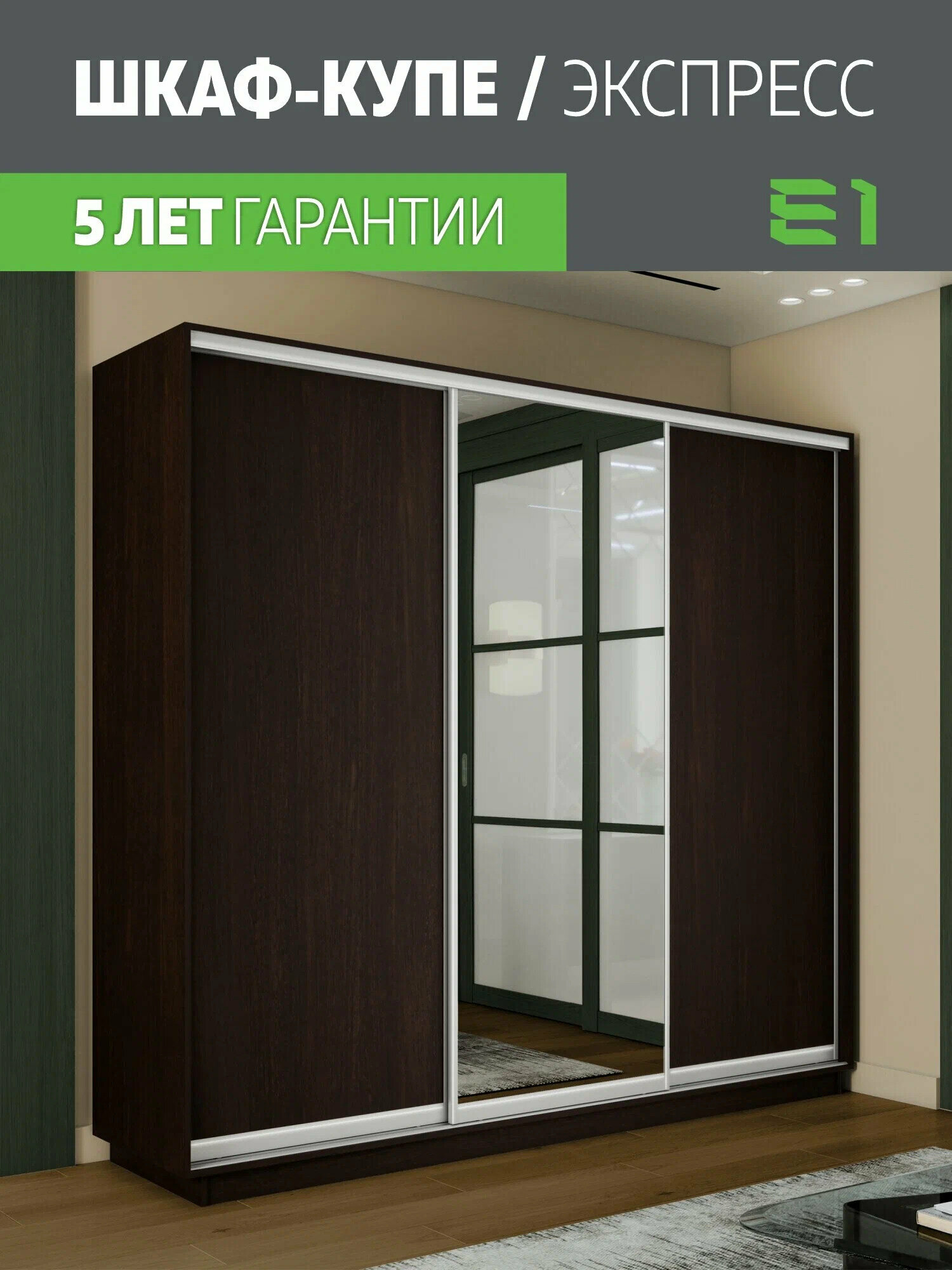 Шкаф-купе Экспресс 3-x дв 210 x 220 x 60 ЛДСП Зеркало Венге