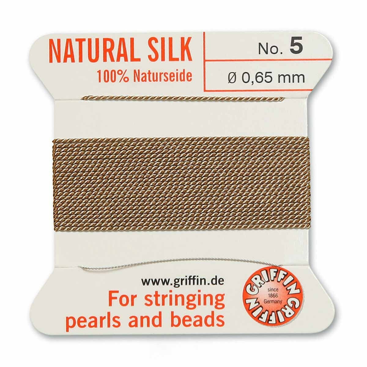 Нить шелковая, Griffin No.5 (0.65 мм), тёмно-бежевая, с иглой, моток, 2 метра