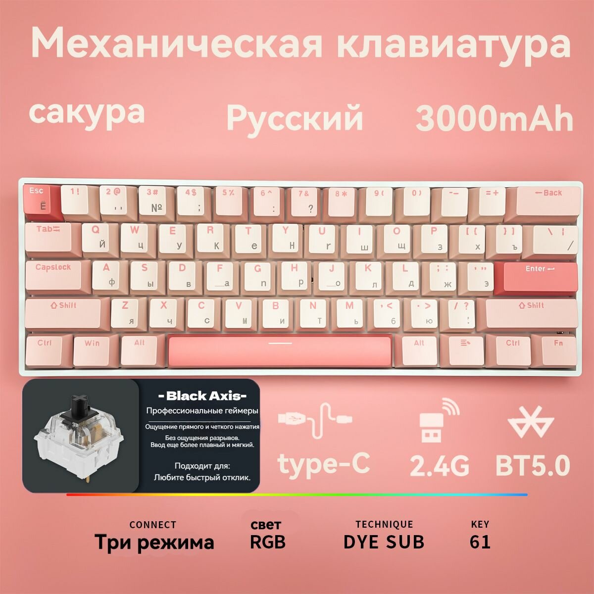 Клавиатура Gehowesy HW61 Double Shot, RGB, 61 клавиша, беспроводная, с чехлом