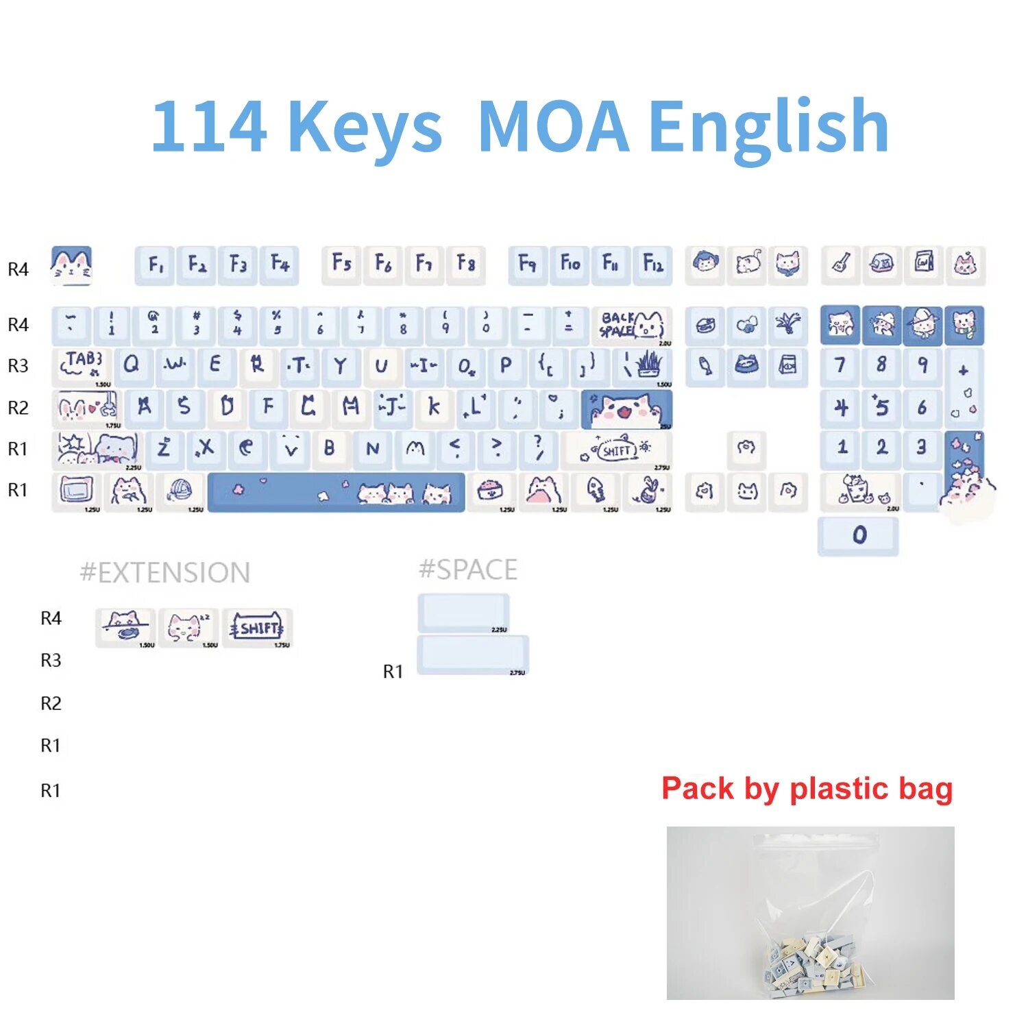 ZUIDID 114 клавишных колпачков PBT Blue Cat MOA для механических клавиатур Blue cat -Bag