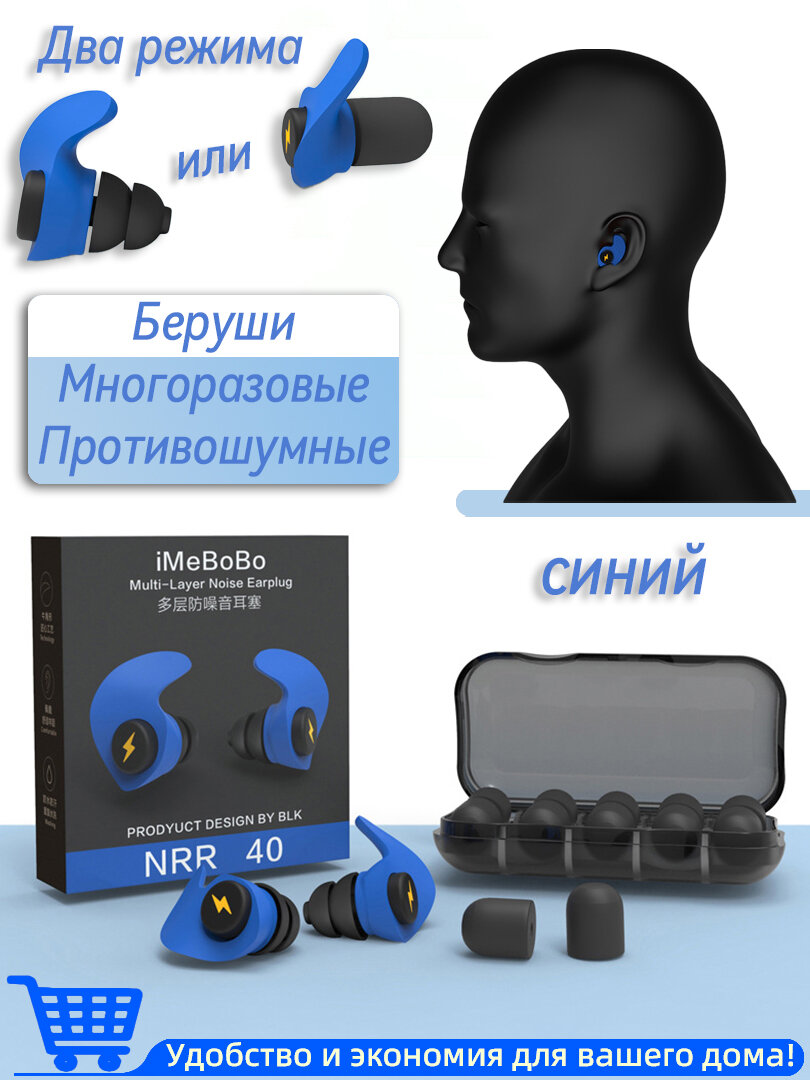 Беруши для многоразовые противошумные, синий