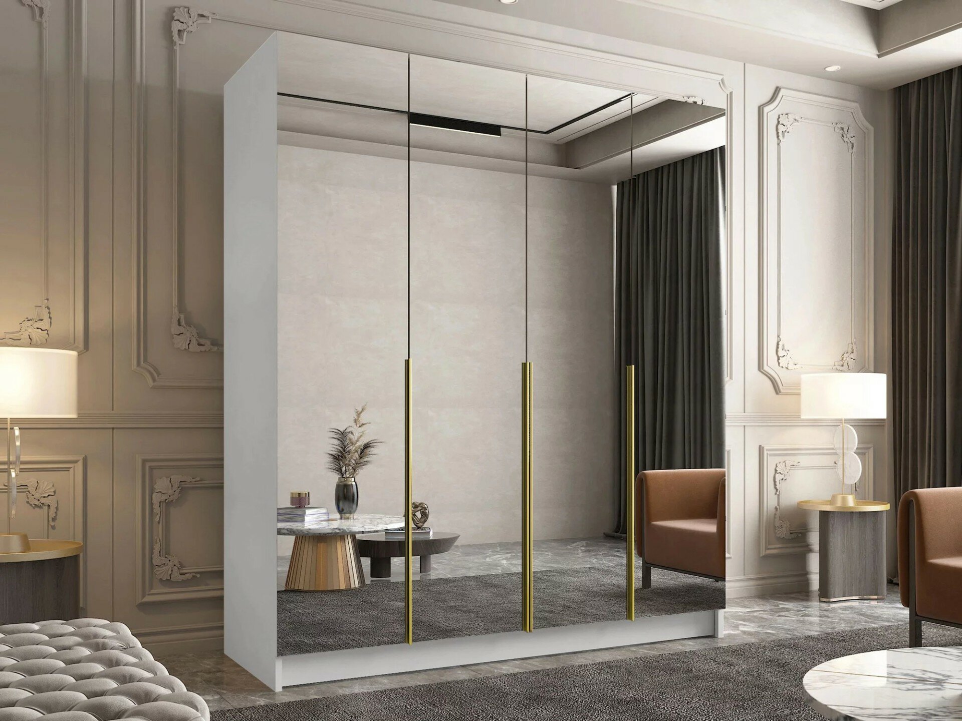 Четырехсекционный шкаф Элли с 4 зеркалами (ручки золото) Белый снег 8685 BS NEW 250*45*260 см Фиеста