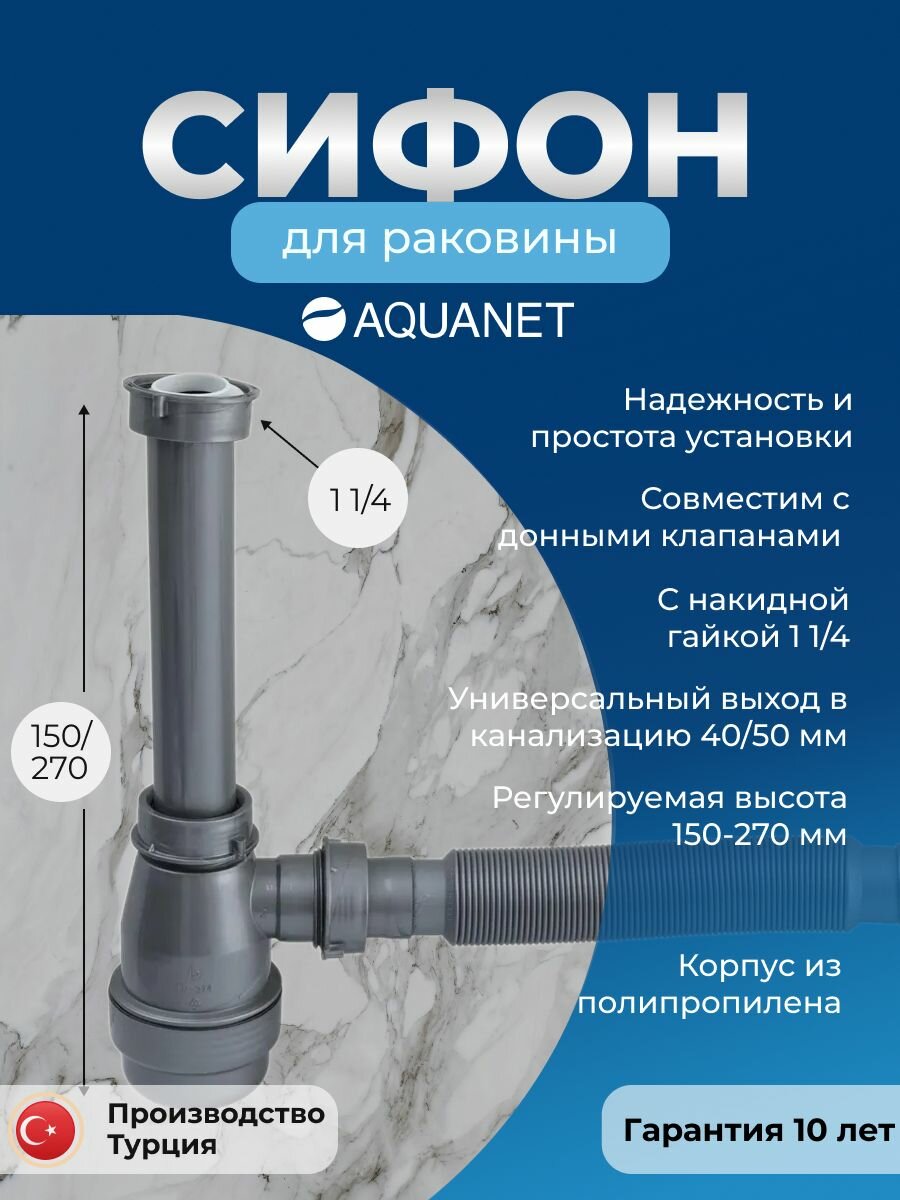 Сифон для раковины Aquanet d40/50, с накидной гайкой 5/4", серый, для ванной комнаты, пластиковый