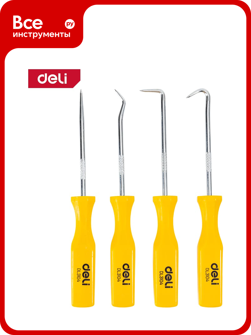 Набор крючков для слесарных работ DELI 4 шт DL3104 (шило, крючки изогнутый, 45, 90, пластиковая рукоятка) 168326, желтый