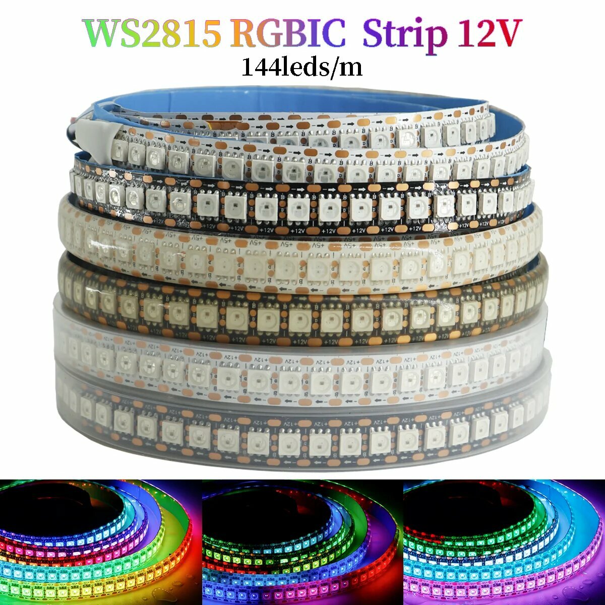 Адресная светодиодная лента WS2812B 144 светодиода/м RGB 5В WS2812B 5V White PCB, 2M 288LEDS IP67