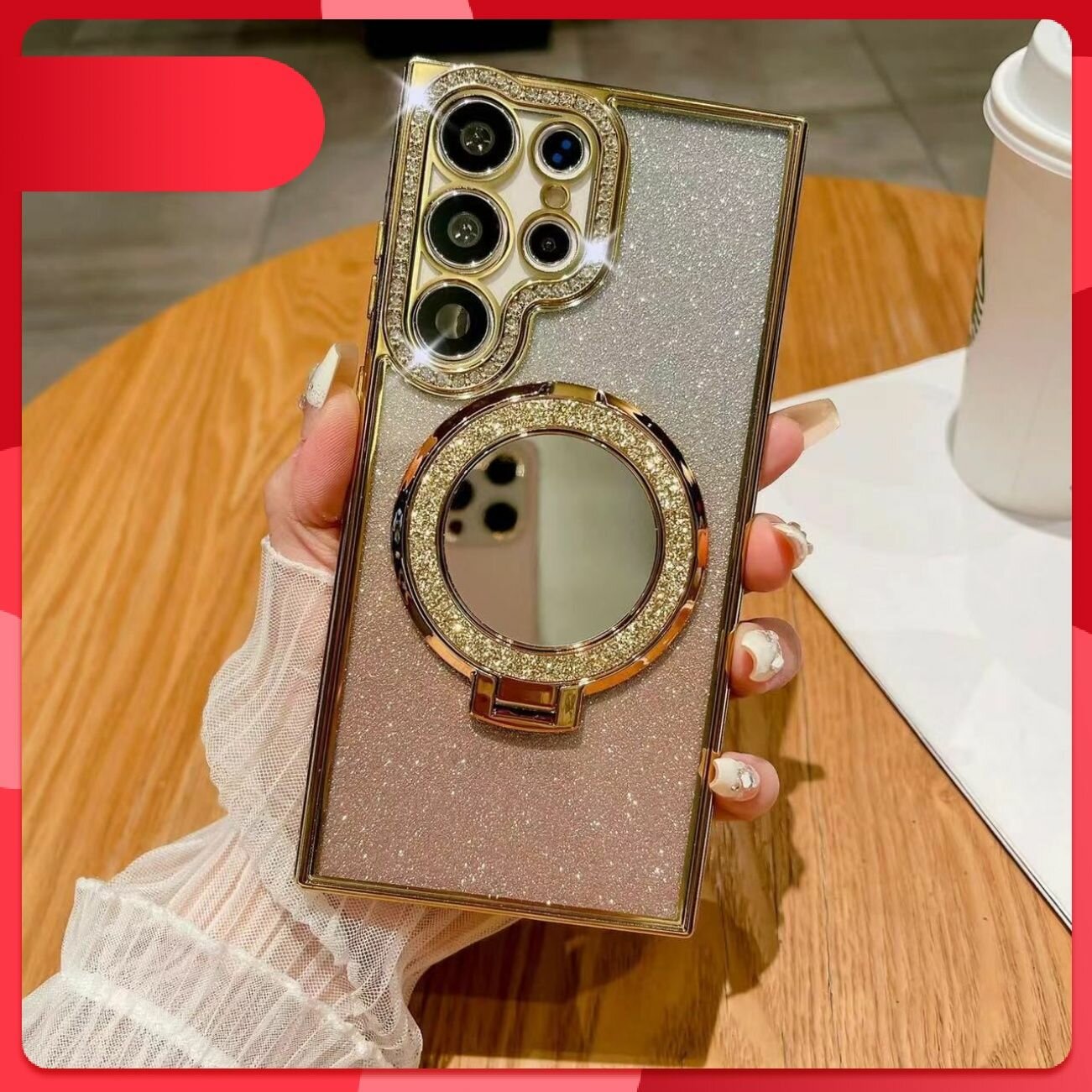 Чехол со стразами на самсунг s24 ультра(samsung s24 ultra)С зеркалом/блестящей бумагой/подставкой/magsafe