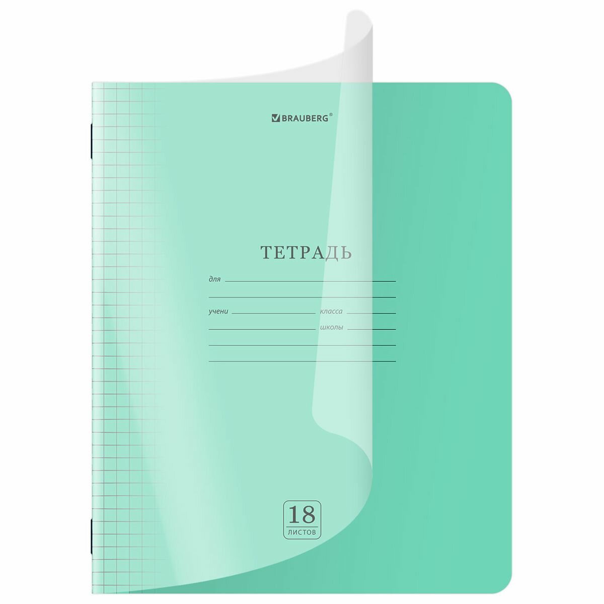 Тетрадь школьная 18л, А5 Brauberg Smart Cover (клетка, скрепка, обложка пластик, зеленая) (405028), 10шт.