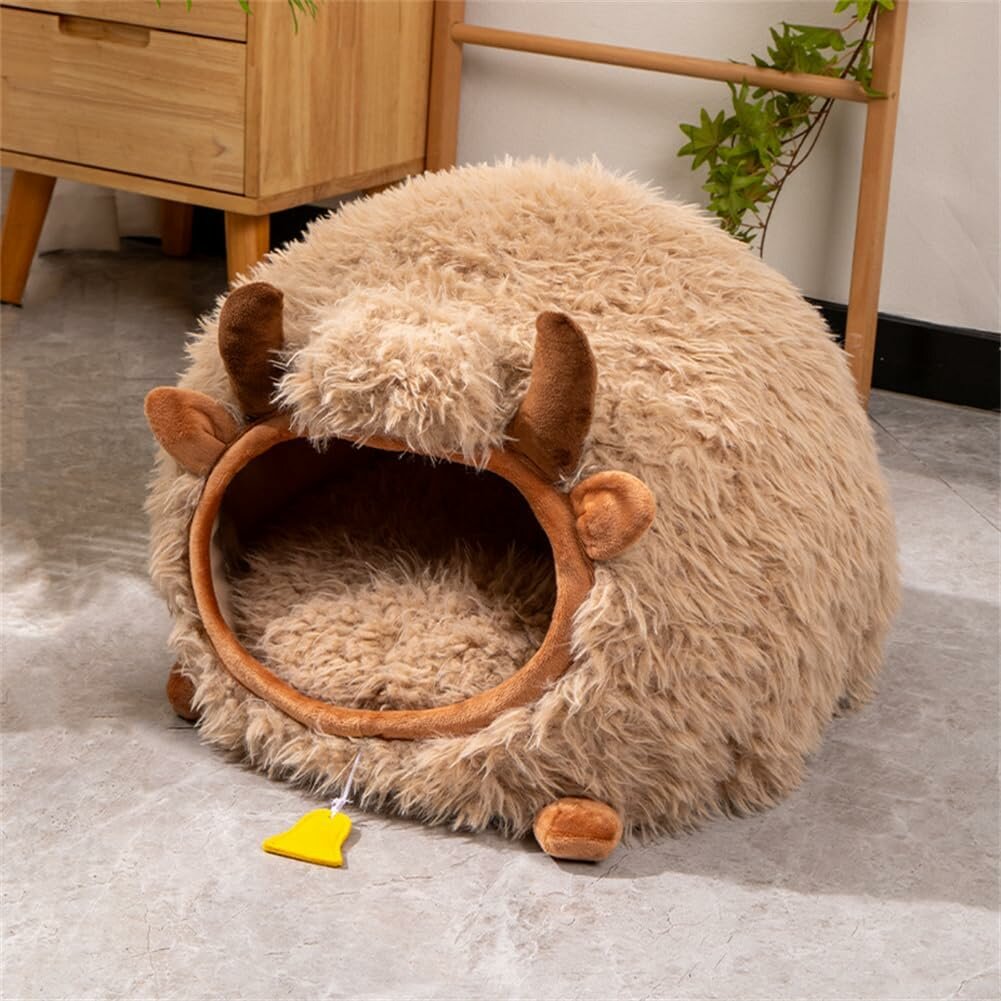 DINGXIAN Домик-печенье для кошки в виде коровы и гриба, с мягкой подушкой, коричневый, для небольших питомцев до ~6 кг (13 фунтов)