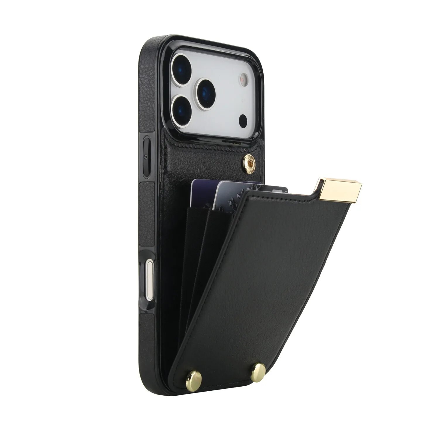 Черный кожаный чехол на iPhone 17 Pro с карманами