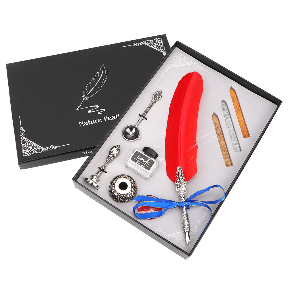 Винтажное гусиное перо Dip Pen с металлическими наконечниками, каллиграфическая ручка для письма, подарок, красное