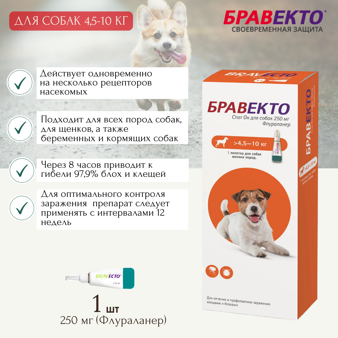 Бравекто (MSD Animal Health) капли от блох и клещей Спот Он для собак 4,5-10 кг 1шт. в уп.