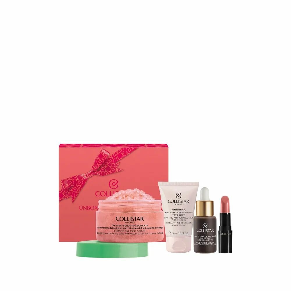 Набор Дорожный Collistar - помада 102 Antique Rose + капли для лица + крем против морщин + Укрепляющий талассо-скраб