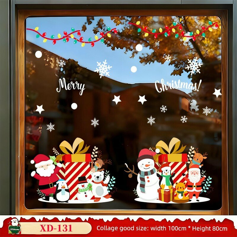 Новогодние стеклянные наклейки, статические наклейки, наклейки на окна с изображением Деда Мороза и елки, оформление