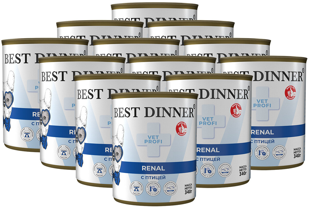 Корм влажный Best Dinner Vet Profi Renal для взрослых собак при заболевании почек, птица, 340 г х 12 шт