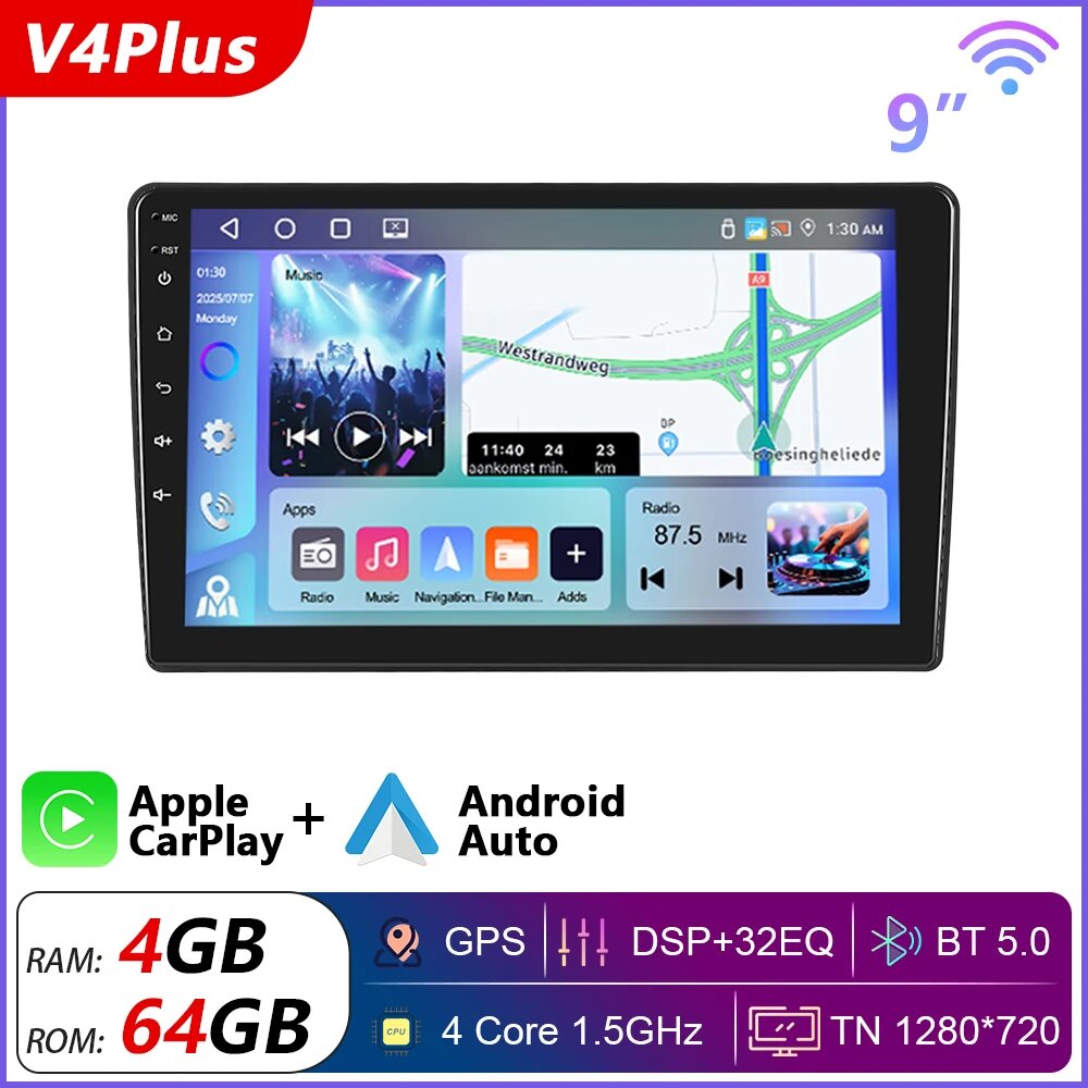 Podofo Android 12 Автомобильный радиоприемник Androidauto Carplay 2 Din GPS 9In 4 64G CarPlay