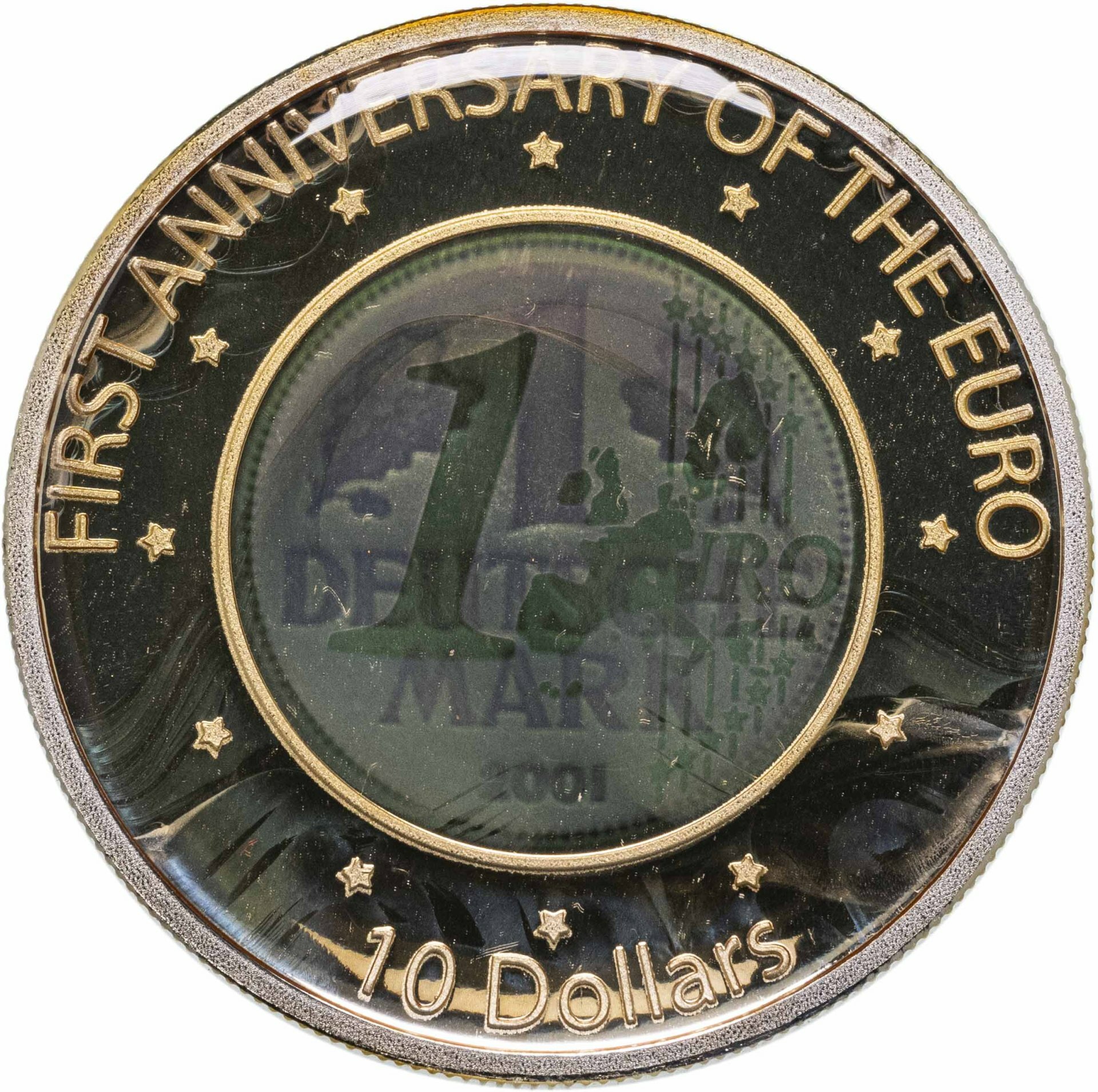 Науру 10 долларов 2003 "Первая годовщина введения евро" в капсуле, Серебро 999, в сохранности Proof