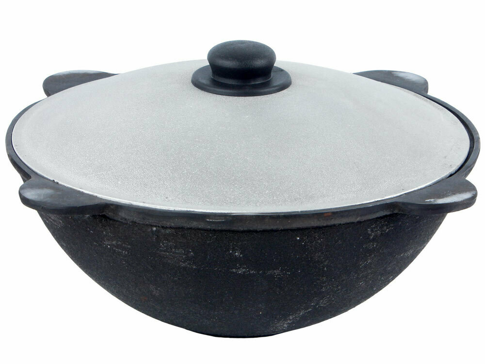 Казан 6л узбекский чугунный с алюминиевой крышкой, плоское дно (г. Наманган)