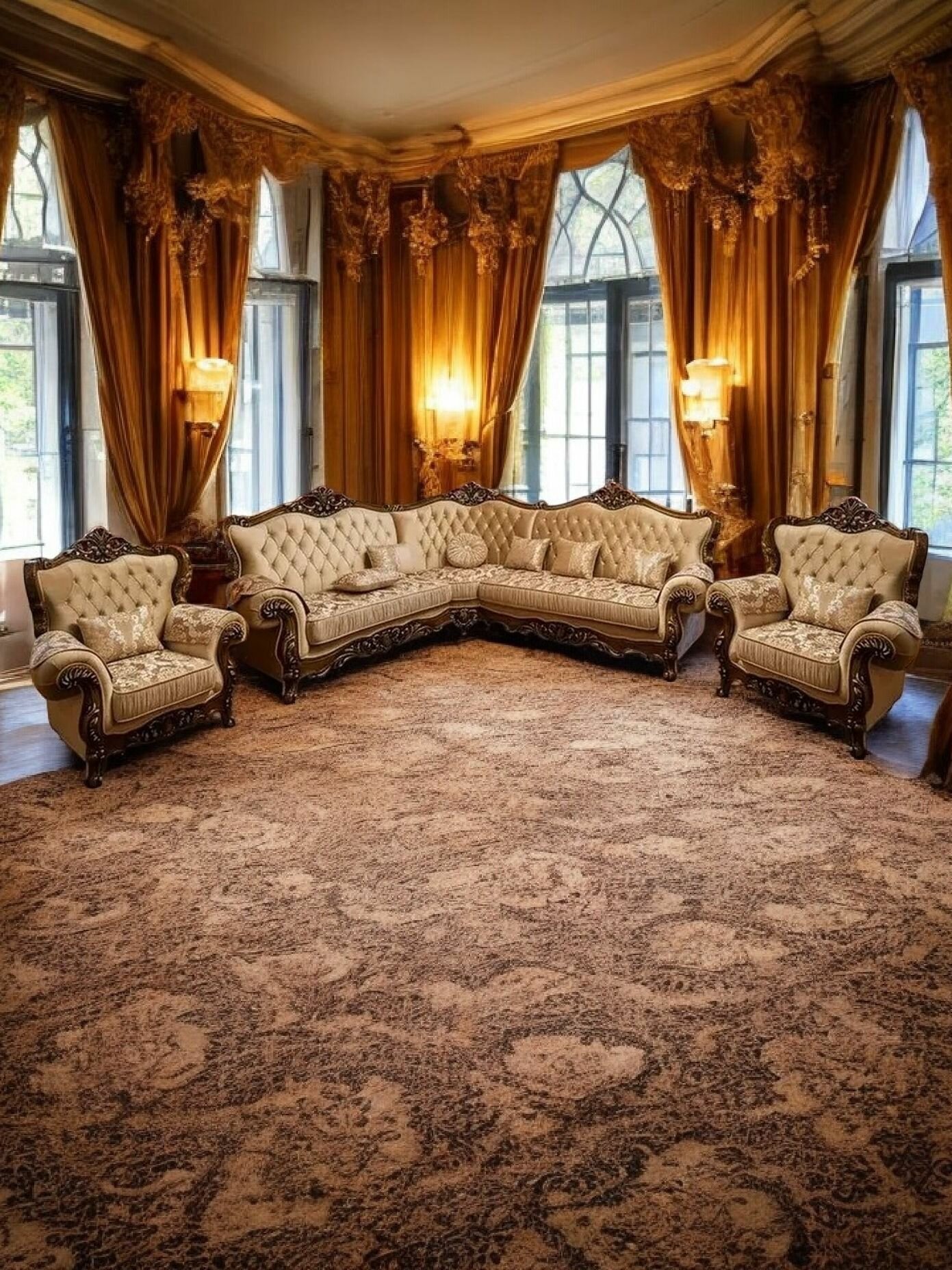Комплект мебели TURKISH SOFA, угловой диван, два кресла, текстиль, барокко, бежевый