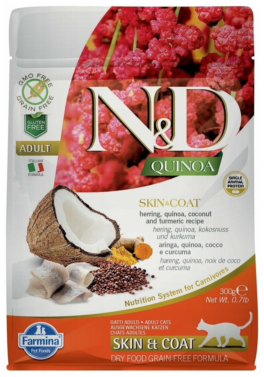 Корм для кошек Farmina N&D Quinoa, беззерновой, с сельдью, для красоты шерсти, 300 г