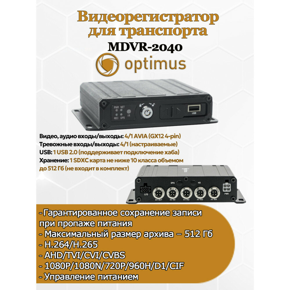 AHD Видеорегистратор для транспорта Optimus MDVR-2040 AHD/TVI/CVI/CVBS кол-во каналов: Опциональное (до 2-х каналов 1080P, либо до 4-х каналов 1080N/720P и ниже) H.265