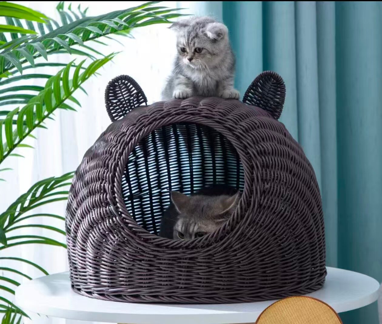 Домик для кошек плетеный с ушками, корзинка для кота, закрытый домик для питомцев, летний домик для кошек,45*45