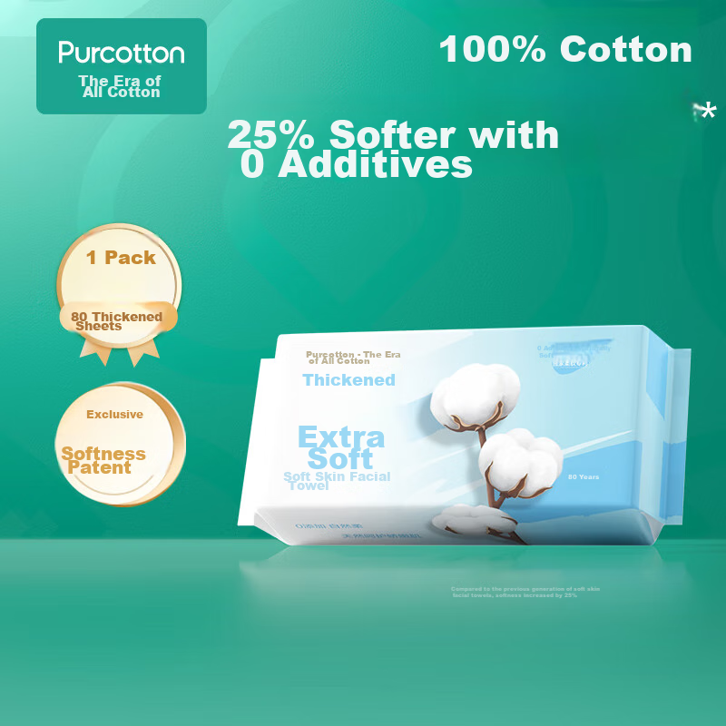 PurCotton Facial Wipes, 80 Sheets*1 Pack, Skin-Friendly Thick Cotton Soft Wipes, Disposable Face Towels, Multi-Purpose, 20*20CM