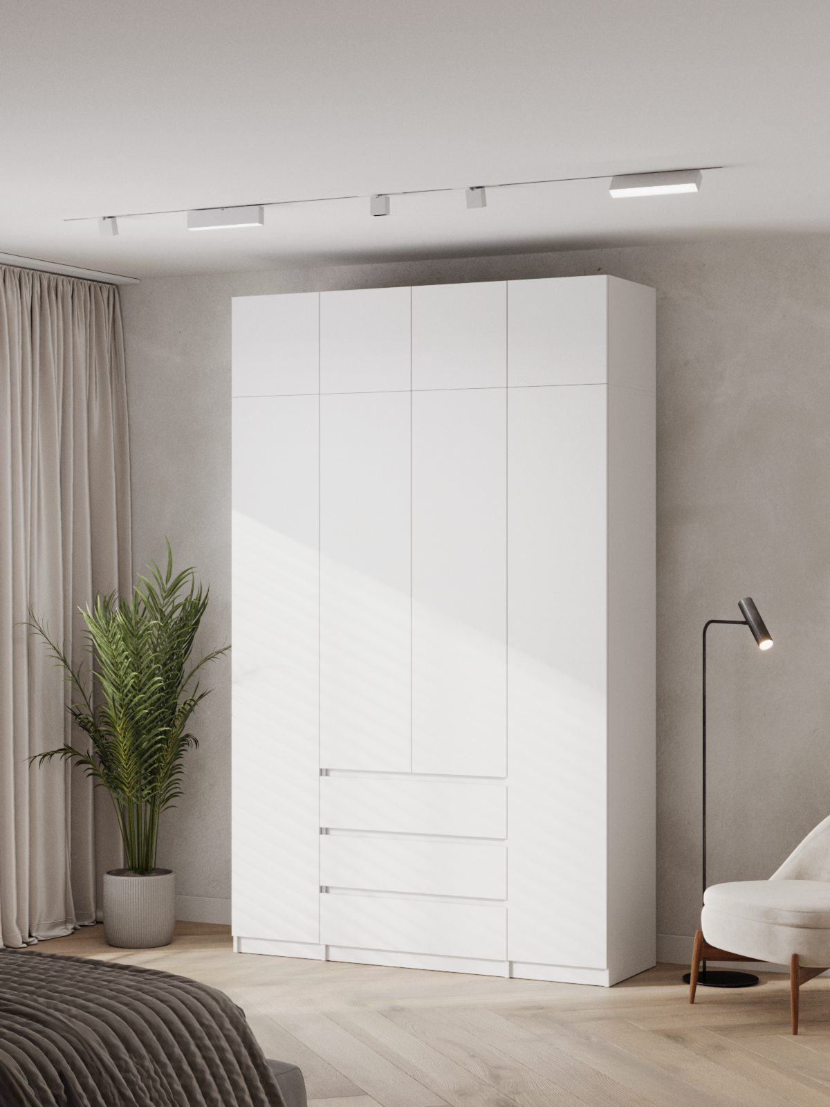 Шкаф для одежды Нонтон Грандис, 160x50x260 см, с антресолью, 3 ящика и 9 полок, белый