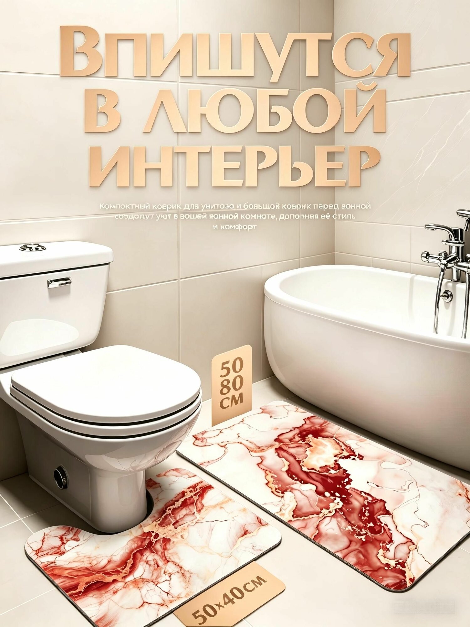 Коврики для ванной и туалета 50х80 см и 50х40 см, набор ковриков коричневый