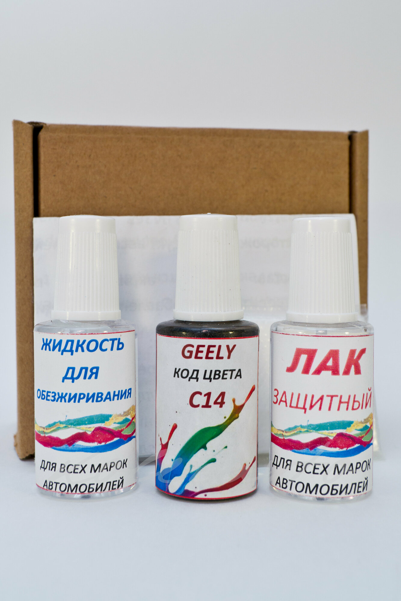 Подкраска для сколов во флаконе с кисточкой C14 для GEELY Серый Базальт, Xuanwu Grey, краска+лак+обезжириватель 3 предмета
