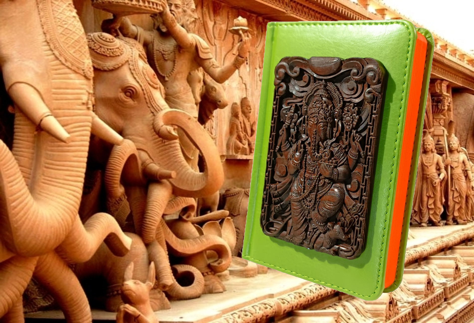 Ежедневник блокнот недатированный с барельефом из дерева, Ганеша бог богатства и удачи, А6, 100х150, Мастерская Символов