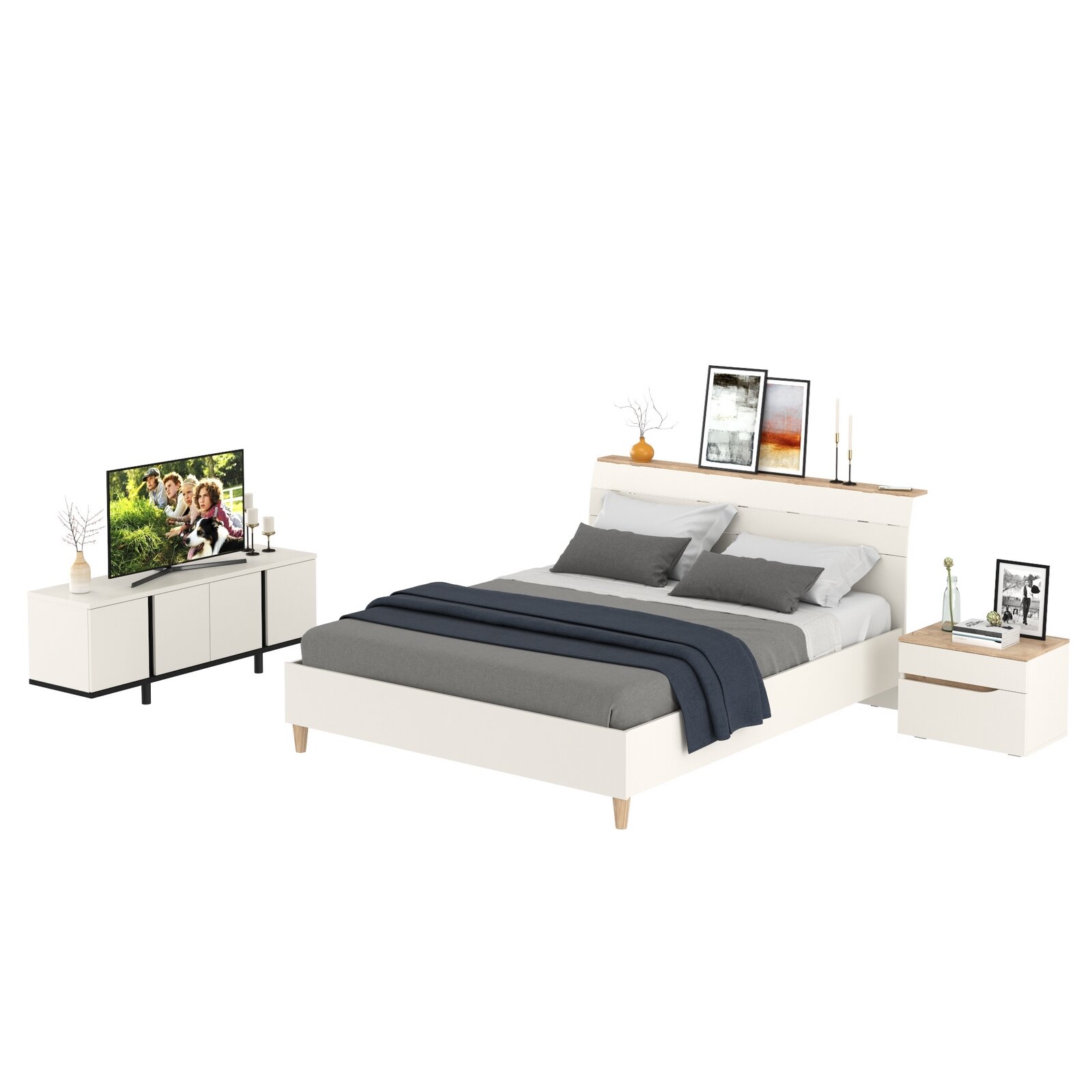 Прикроватная тумба Муссон с кроватью 11.41 с основанием 11600 и TV-тумбой 13.276 белый/чёрный/дуб эндгрейн элегантный