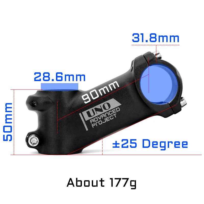 UNO вынос руля для горных велосипедов 25 градусов 31.8 мм Черный, 31.8x90mm 25 stem