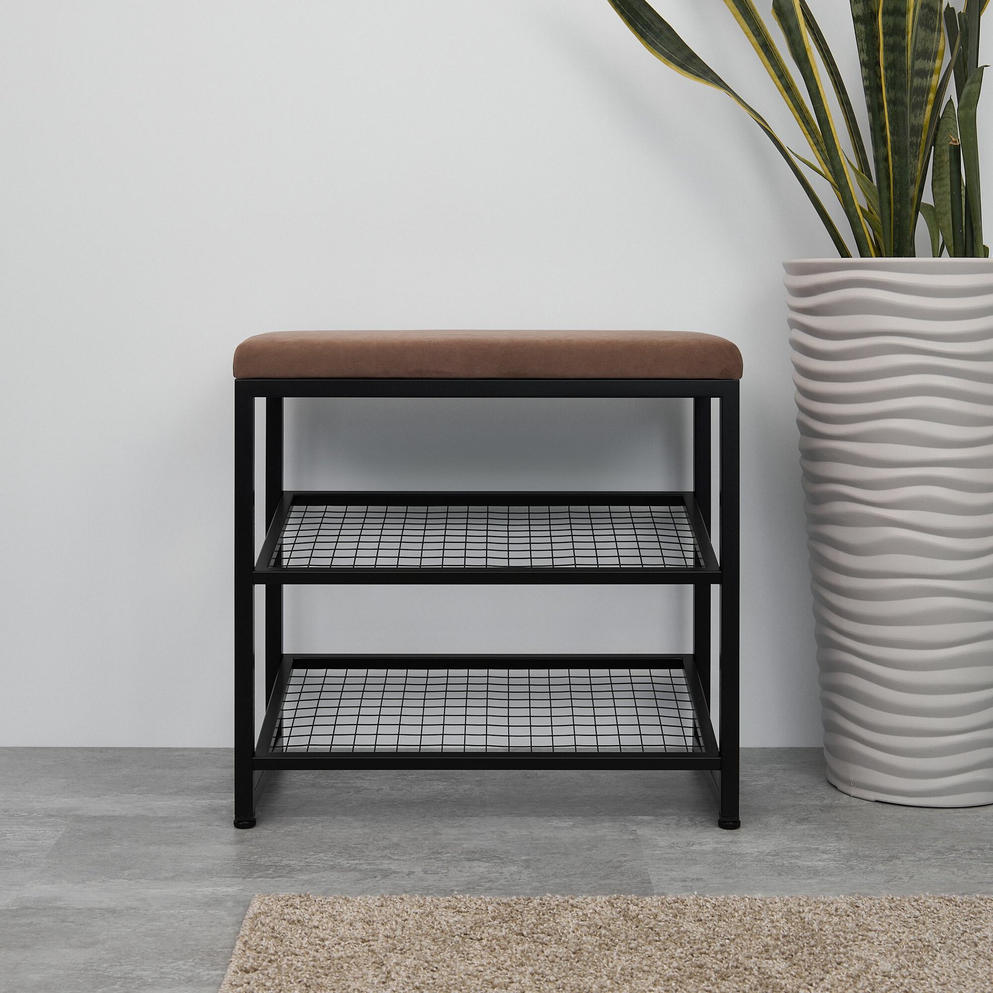 Обувница с мягким сиденьем "Энни" / 55х30х52см / черный каркас - коричневый велюр